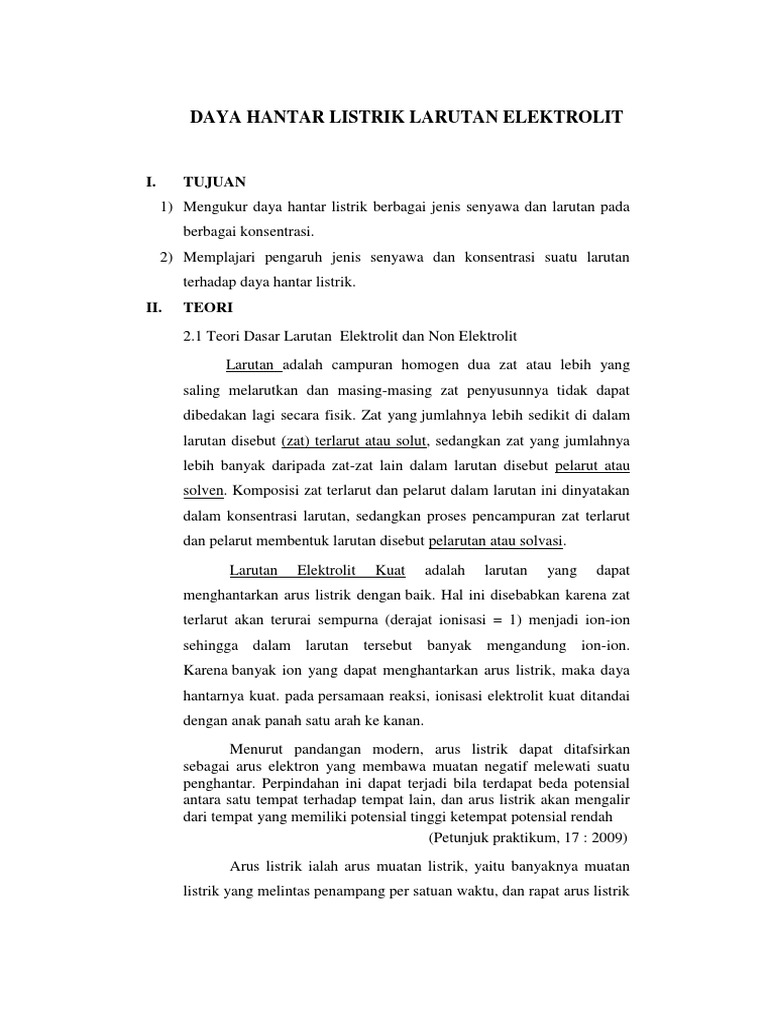 Laporan Kimia Dasar 2 Daya Hantar Listrik Larutan Elektrolit | PDF ...
