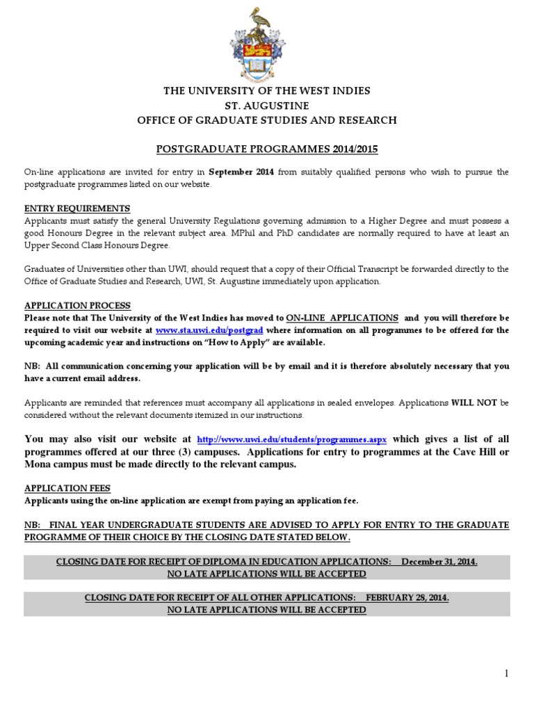 UWI Postgrad Programmes Guide | PDF | Master Of Science | Postgraduate ...