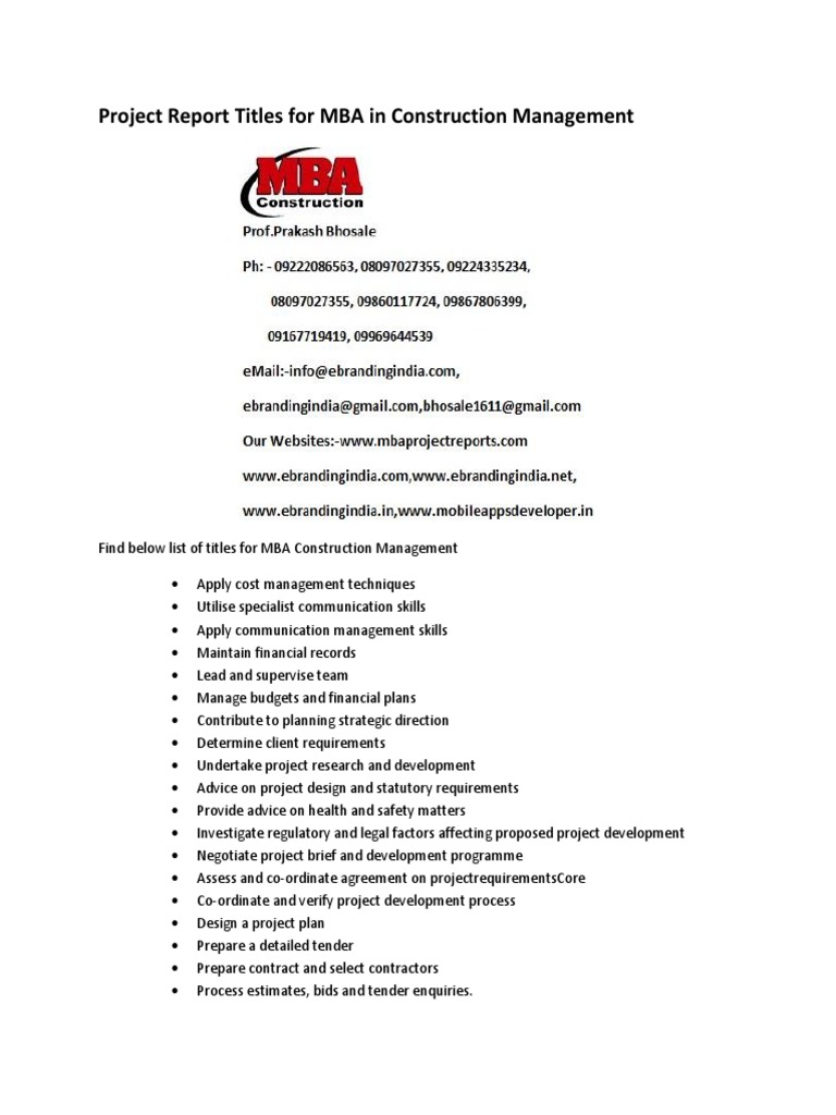 Project Report Titles For MBA in Construction Management | PDF ...