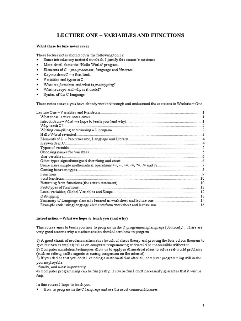 Lecture One Variables And Functions What These Lecture Notes Cover Pdf Scope Computer