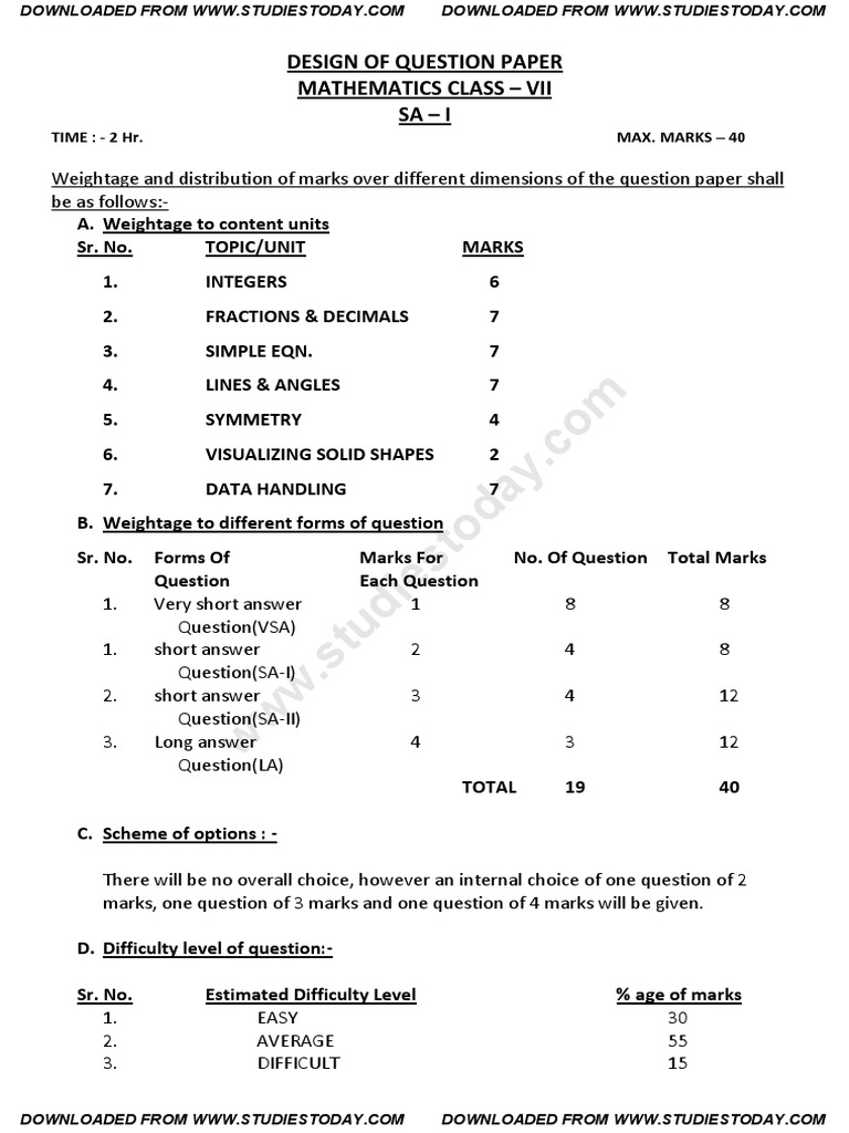 CBSE Class 7 Mathematics Question Paper SA 1 2013 | PDF ...