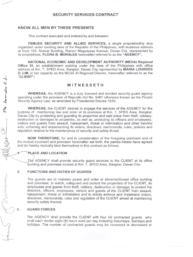 Security Services Contract Agreement | PDF | Law Of Agency | Security Guard