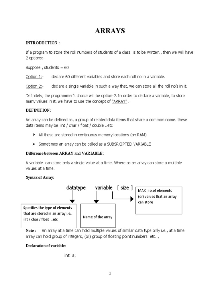 Arrays: Datatype Variable (Size) | PDF | Data Type | Integer (Computer ...