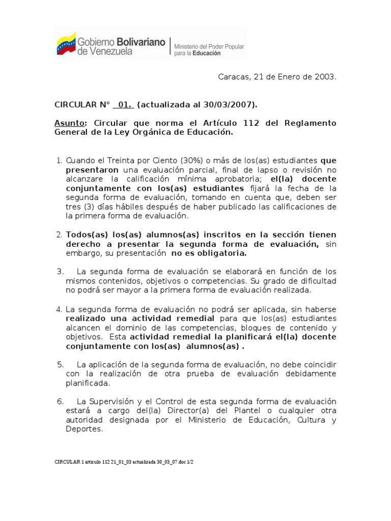 CIRCULAR 1 Articulo 112 | PDF