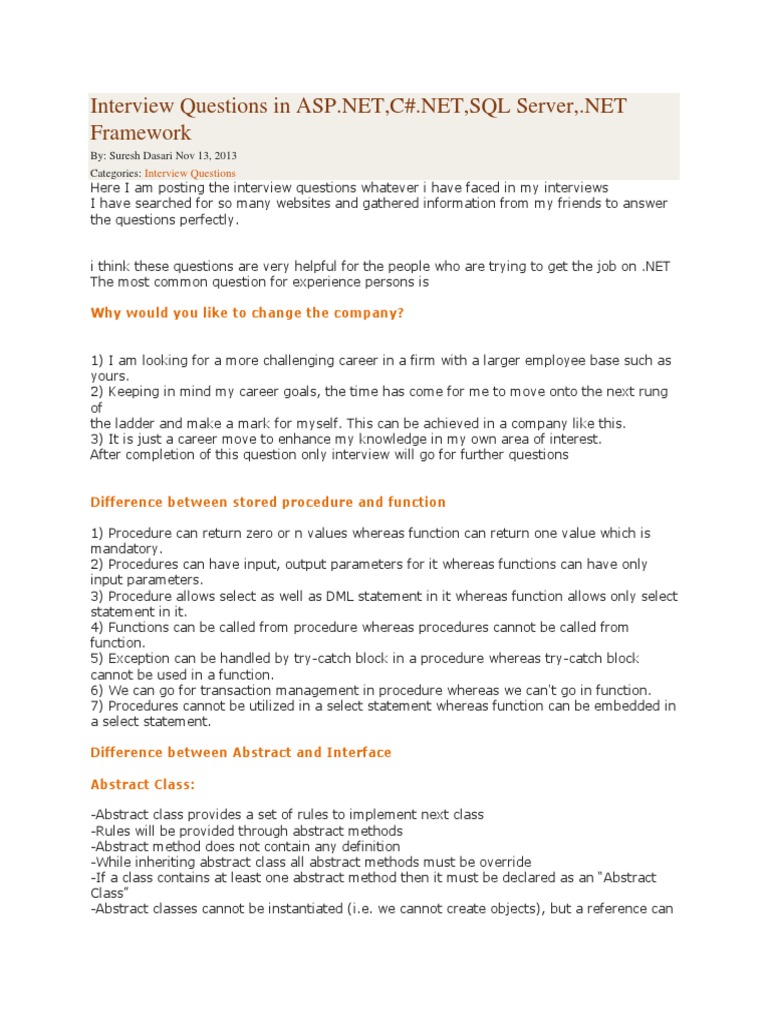 Interview Questions In Asp Pdf Database Index Parameter Computer Programming