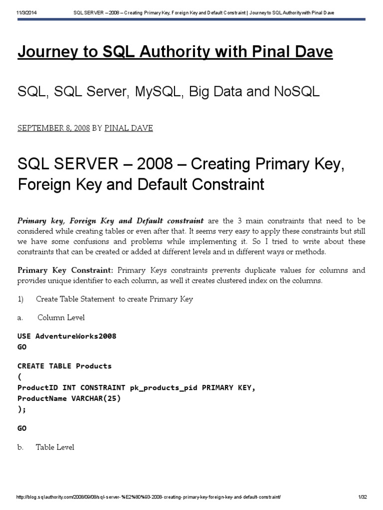 Sql Server 2008 Creating Primary Key Foreign Key And Default Constraint Journey To Sql