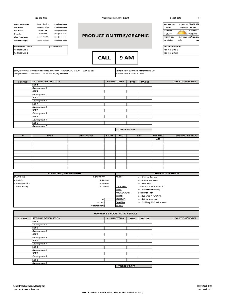 Cast and Crew Call - Call Sheet Template PC | PDF | Filmmaking | Leisure