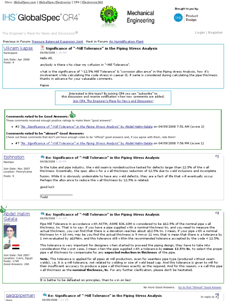 Thread - Significance of - Mill Tolerance - in The Piping Stress ...