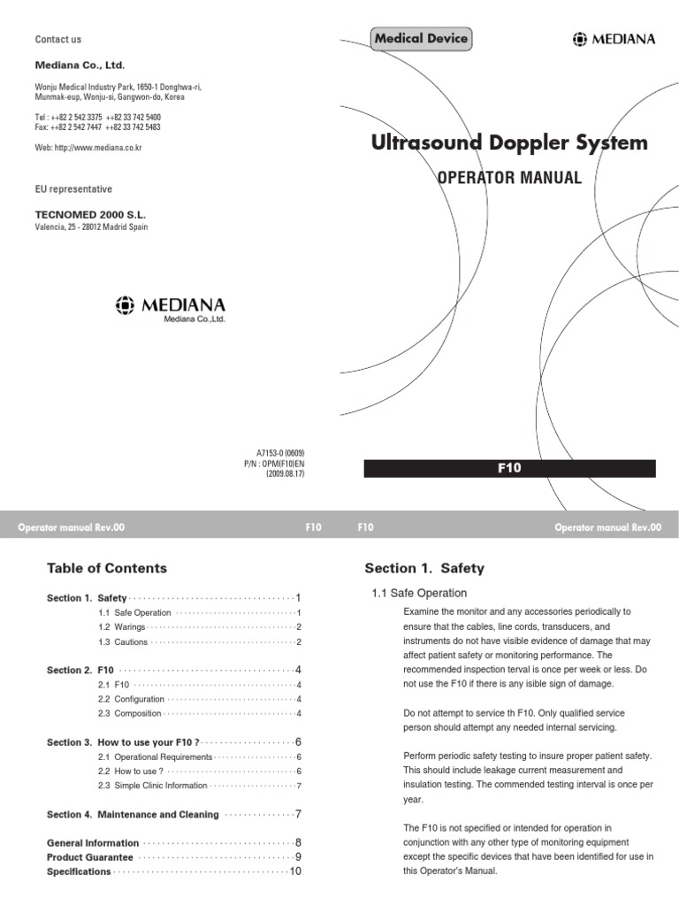Doppler F10 Manual Operator | Medical Ultrasound | Battery (Electricity)