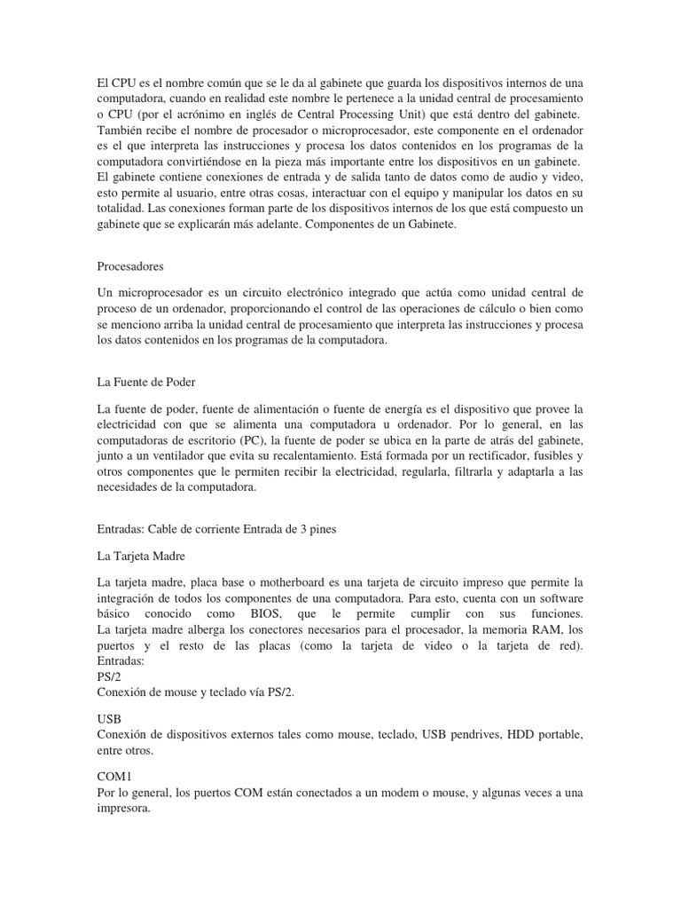 El CPU Es El Nombre Común Que Se Le Da Al Gabinete Que Guarda Los Dispositivos Internos de Una ...