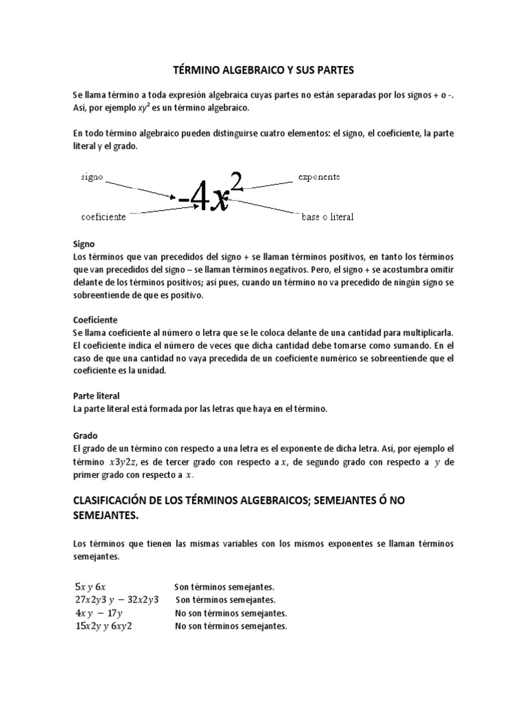 Término Algebraico y Sus Partes | PDF | Objetos matemáticos | Álgebra