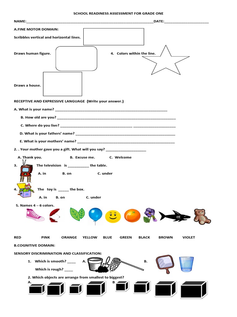 School Readiness Assessment For Grade One | PDF | Color