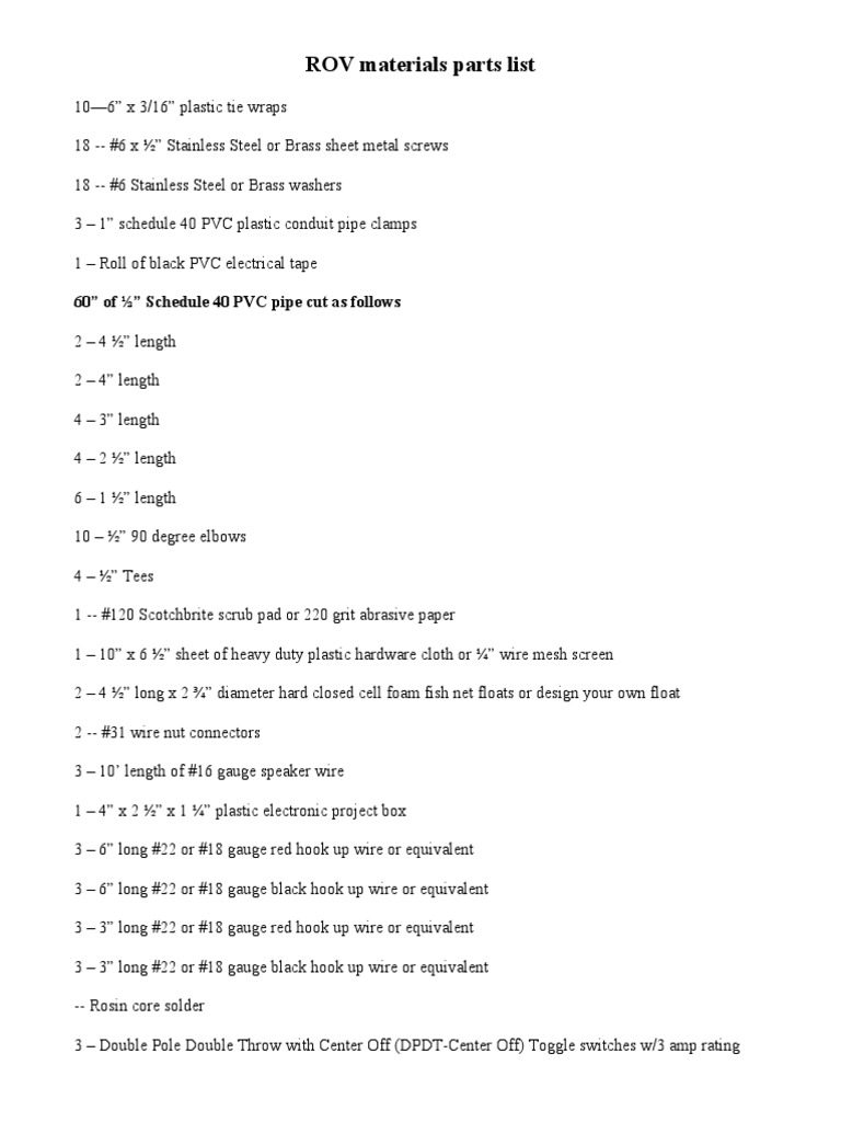 ROV Materials Parts List | PDF