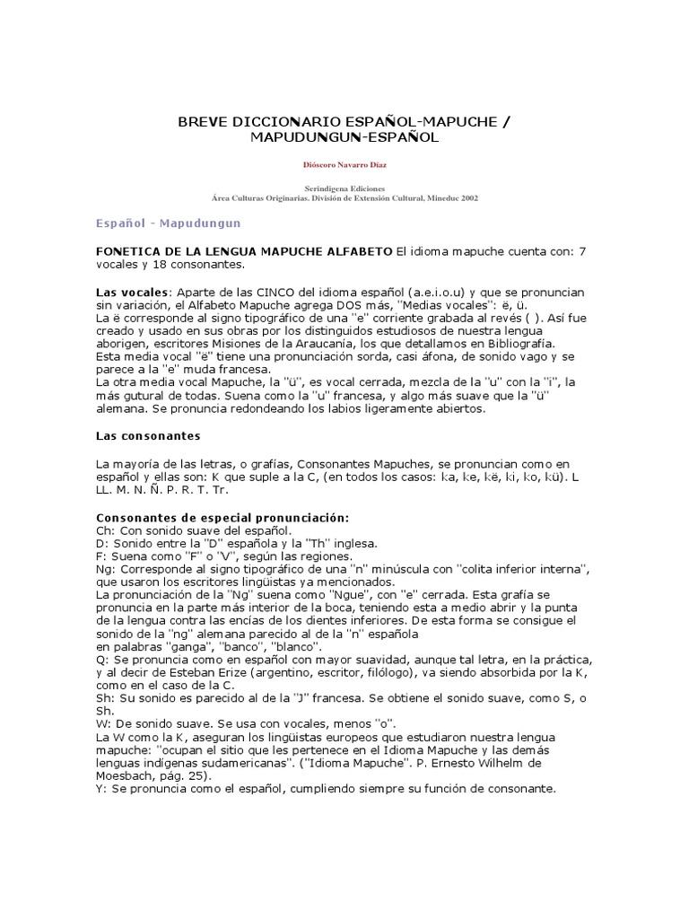 Breve Diccionario Mapundungun | PDF | Vocal | Lengua española