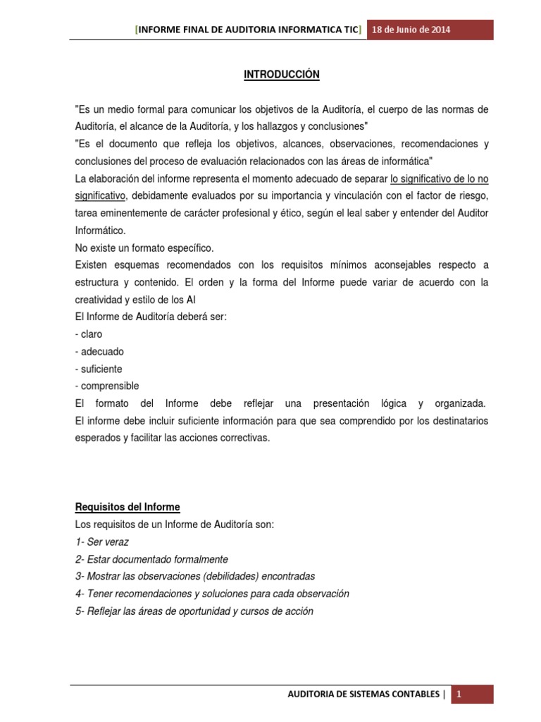 Informe Final de Auditoria Informatica II | PDF | Auditoría financiera ...