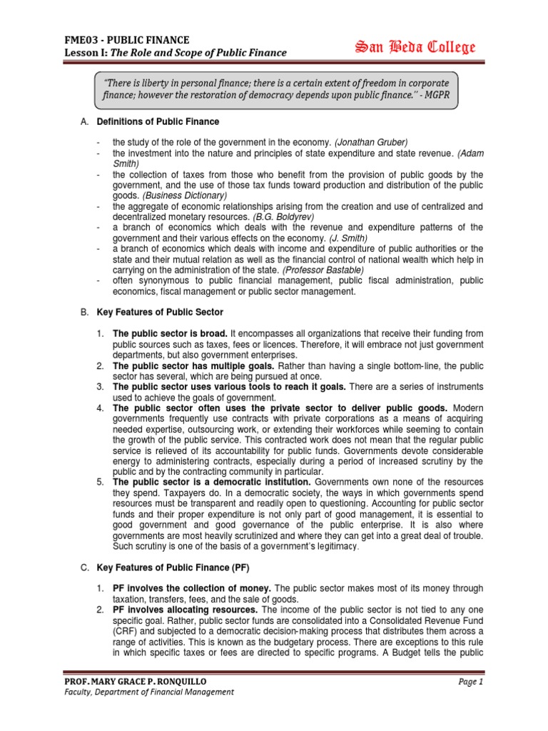 Lesson I - The Role and Scope of Public Finance | PDF | Public Finance ...