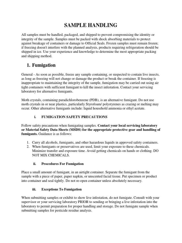 Sample Handling: 1. Fumigation | PDF | Ice | Refrigerator