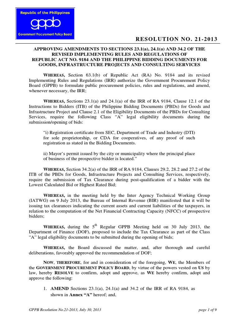 GPPB Resolution No. 21-2013 | PDF | Sole Proprietorship | Executive Order