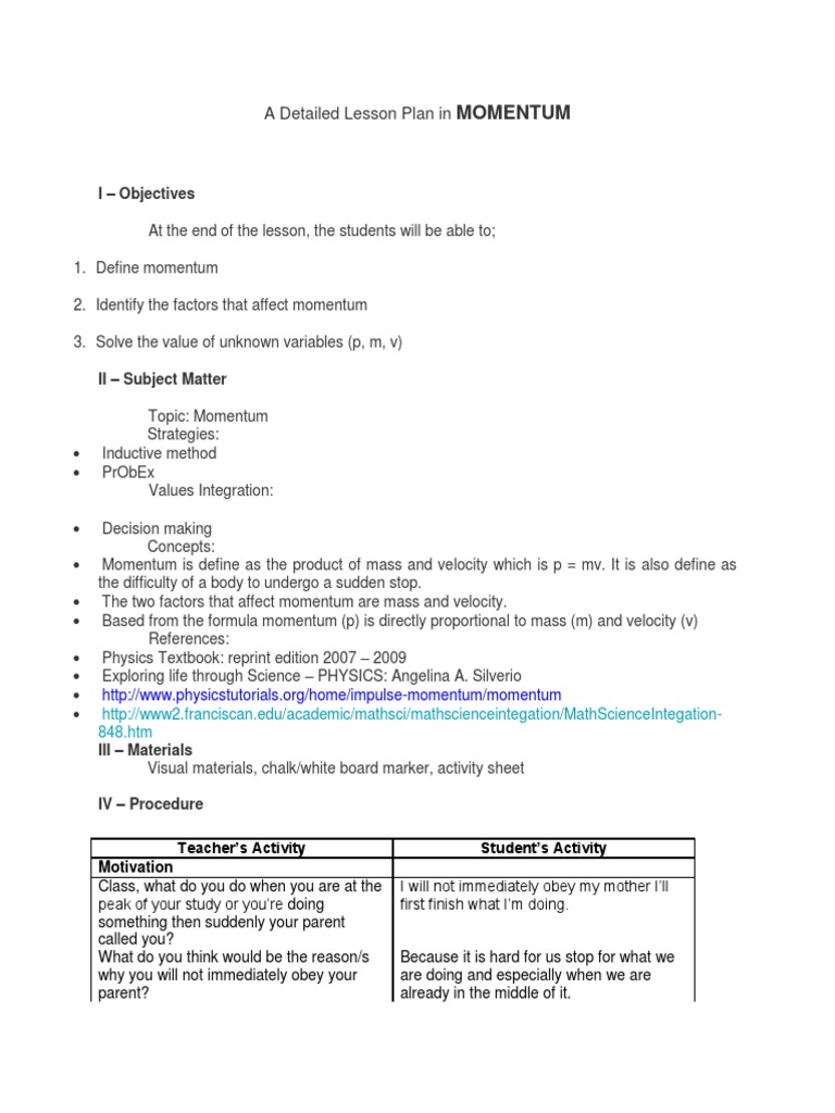 A Detailed Lesson Plan in Momentum | PDF | Momentum | Mass
