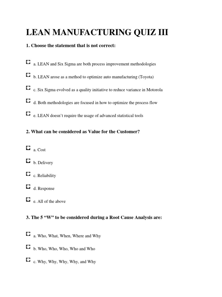 Lean Manufacturing Quiz III | PDF | Lean Manufacturing | Six Sigma
