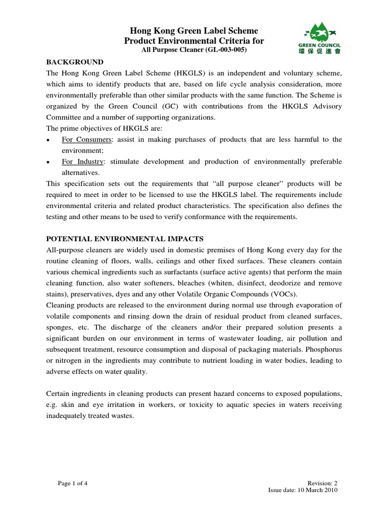 Hong Kong Green Label Scheme Product Environmental Criteria For | PDF ...