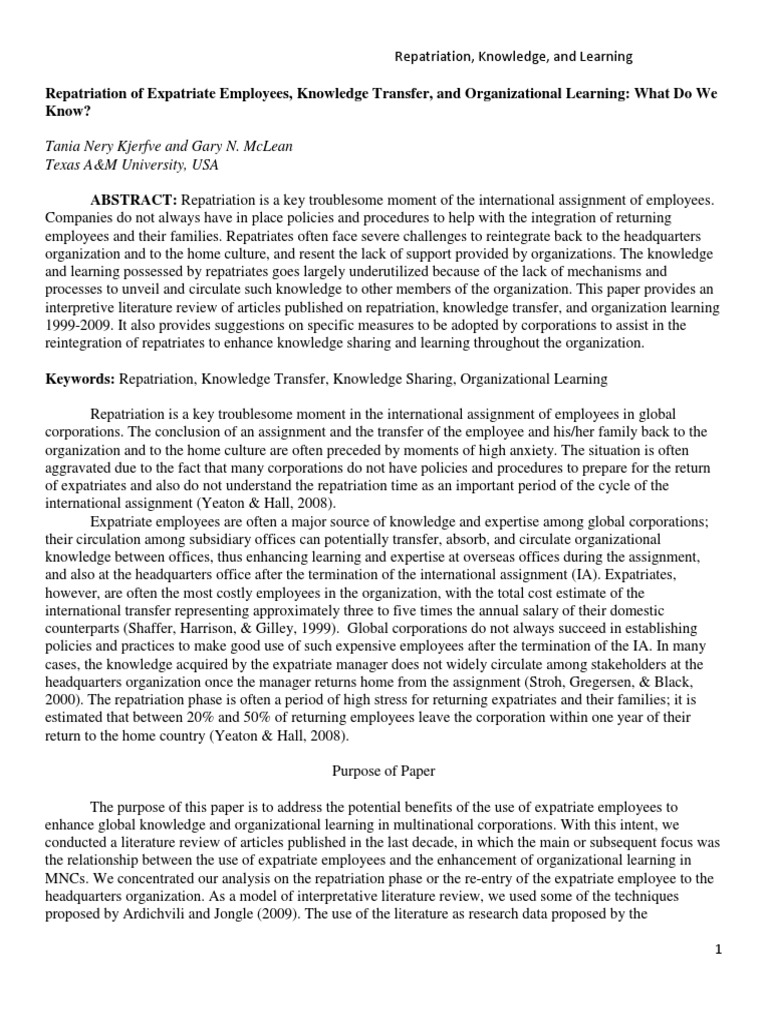 Repatriation of Expat Employees, Knowledge Transfer, Org Learning | PDF ...