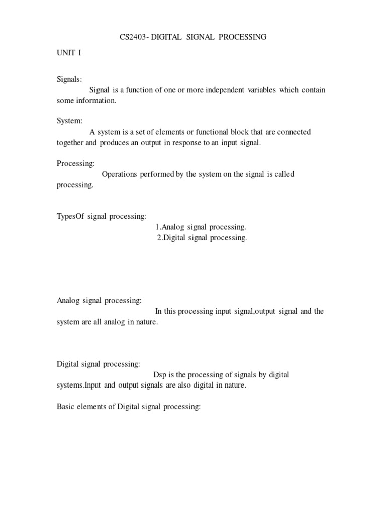 Cs2403 Digital Signal Processing Notes | PDF | Digital Signal ...