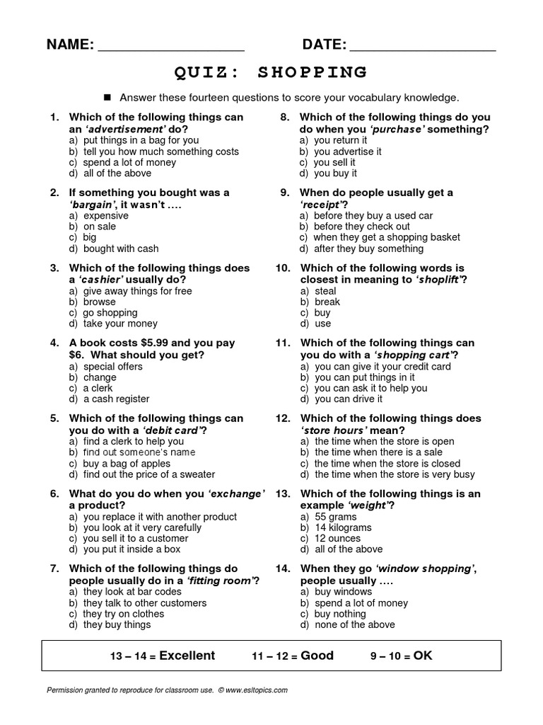 23 Esl Topics Quiz Shopping | PDF | Marketing | Economies