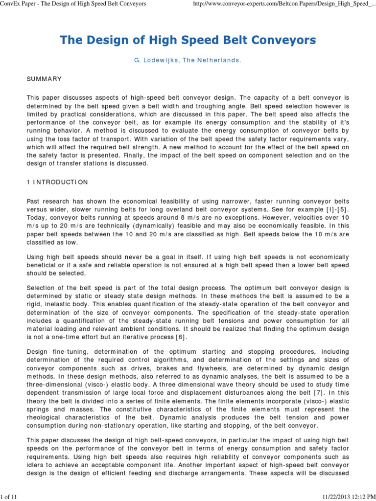 ConvEx Paper - The Design of High Speed Belt Conveyors | PDF | Belt ...