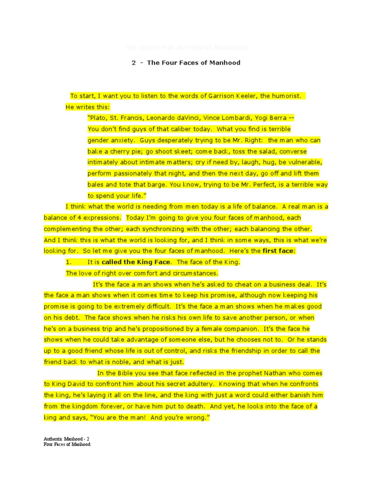 The Quest For Authentic Manhood 2 - The Four Faces | PDF | David | Man