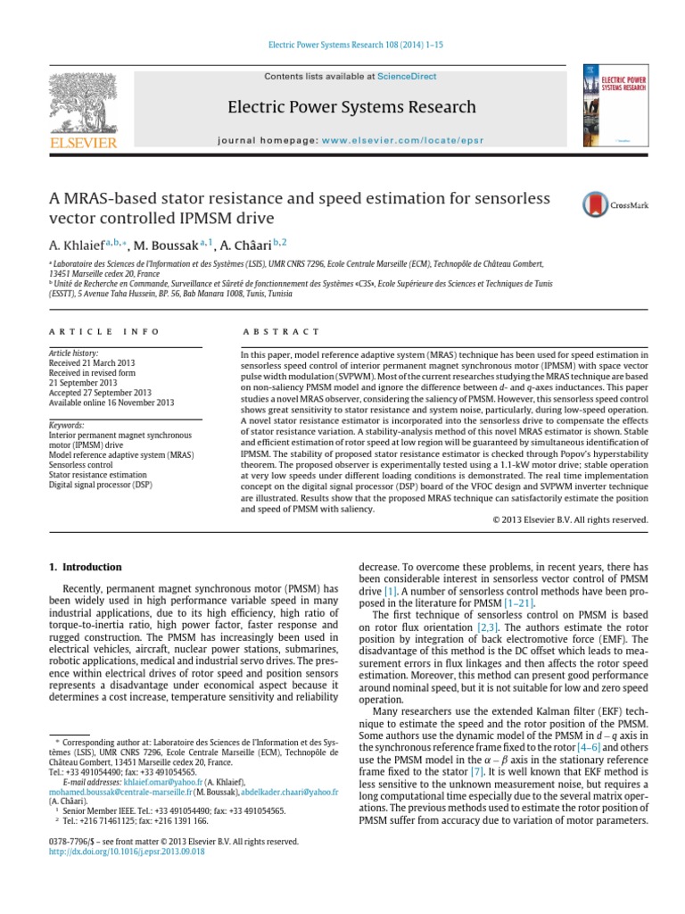 A Mras Based Stator Resistance And Speed Estimation For Sensorless Ipmsm Pdf Electric Motor