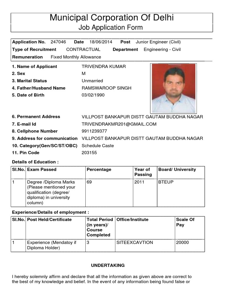 Municipal Corporation of Delhi: Job Application Form | PDF