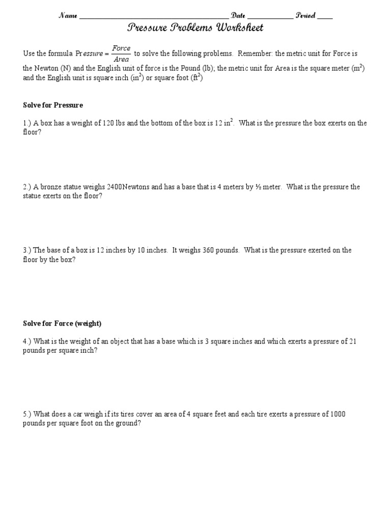 Pressure Worksheet | PDF | Pound (Mass) | Weight