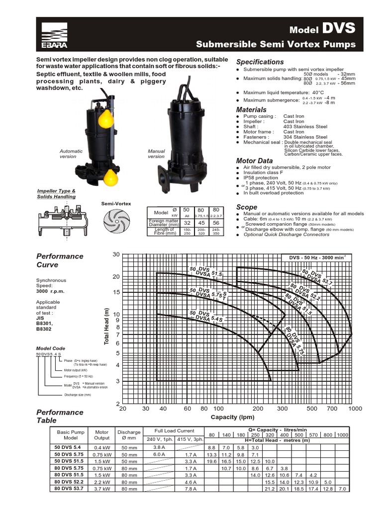 Submersible Semi Vortex Pumps Spec Sheet | PDF | Pump | Manufactured Goods