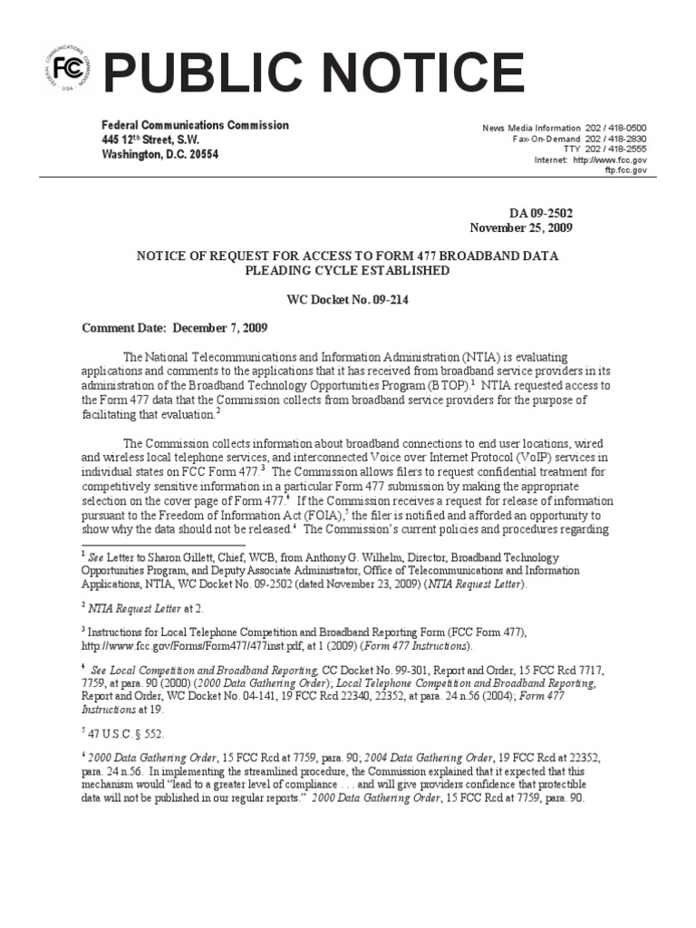 FCC Public Notice in DA-09-2502A1 - Notice of Request For FCC Form 477 ...