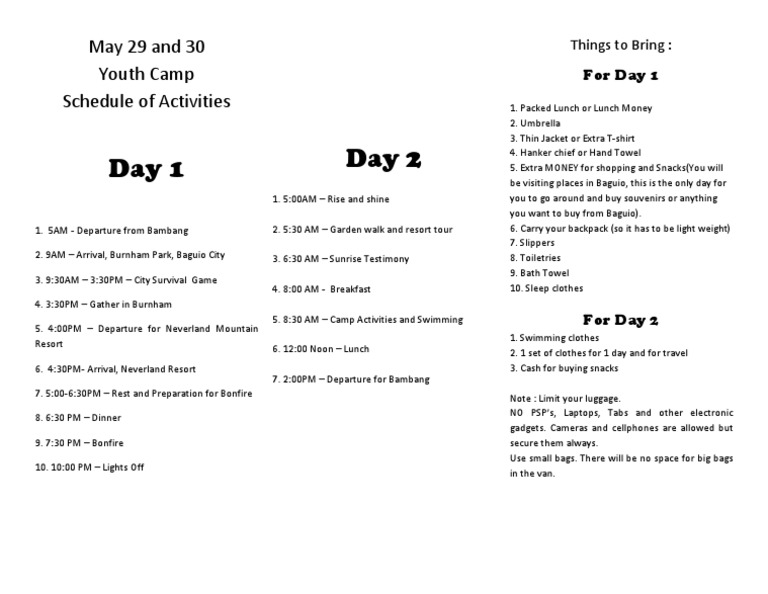Day 1 Day 2: May 29 and 30 Youth Camp Schedule of Activities | PDF