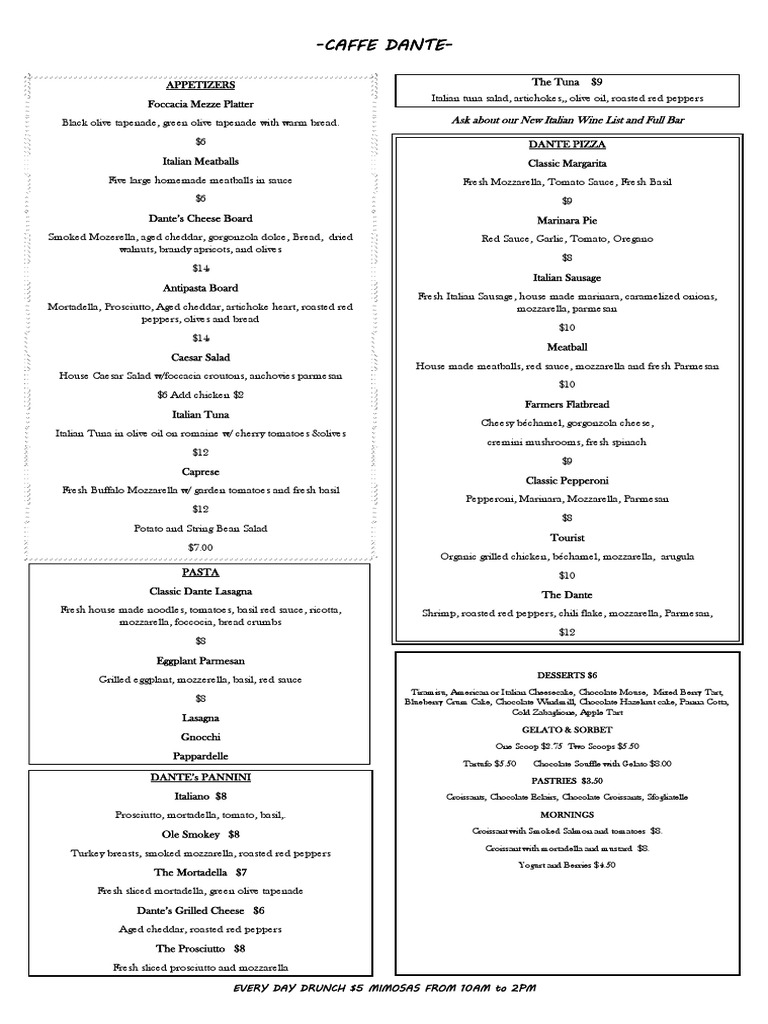 Caffe Dante Menu | PDF | Tomato Sauce | Mozzarella