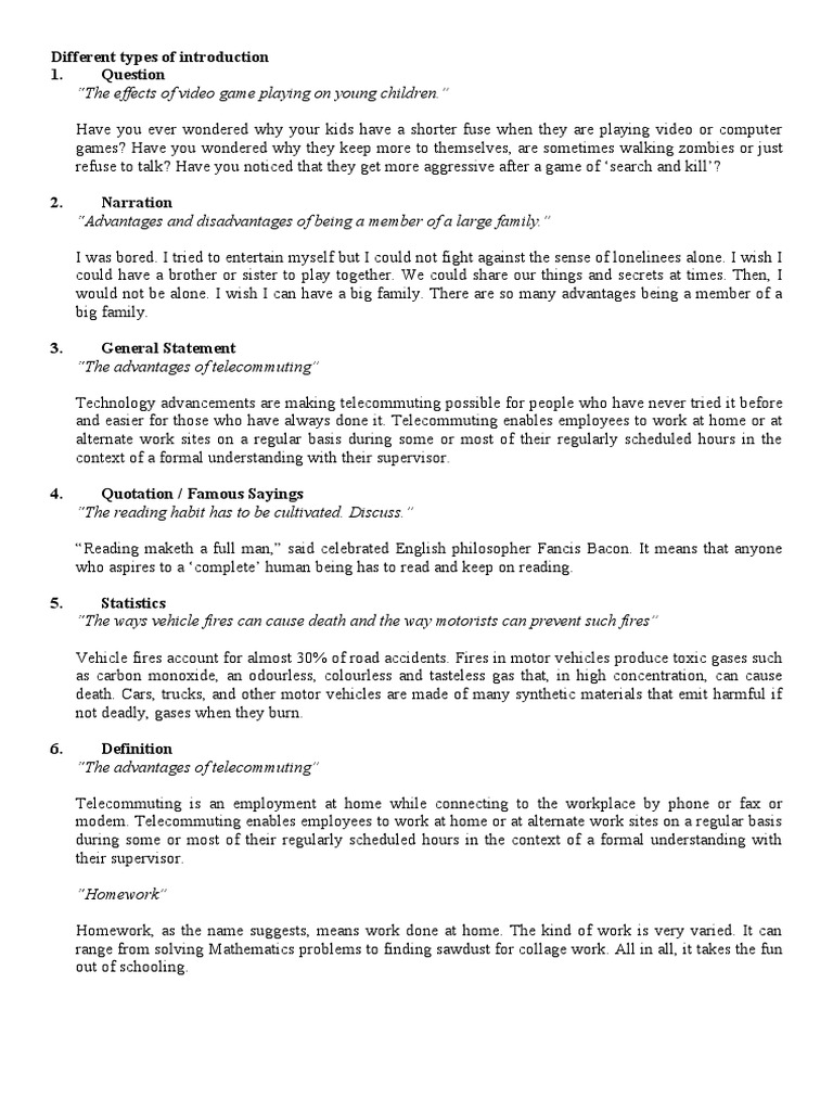 Different Types of Introduction | PDF | Telecommuting | Video Games
