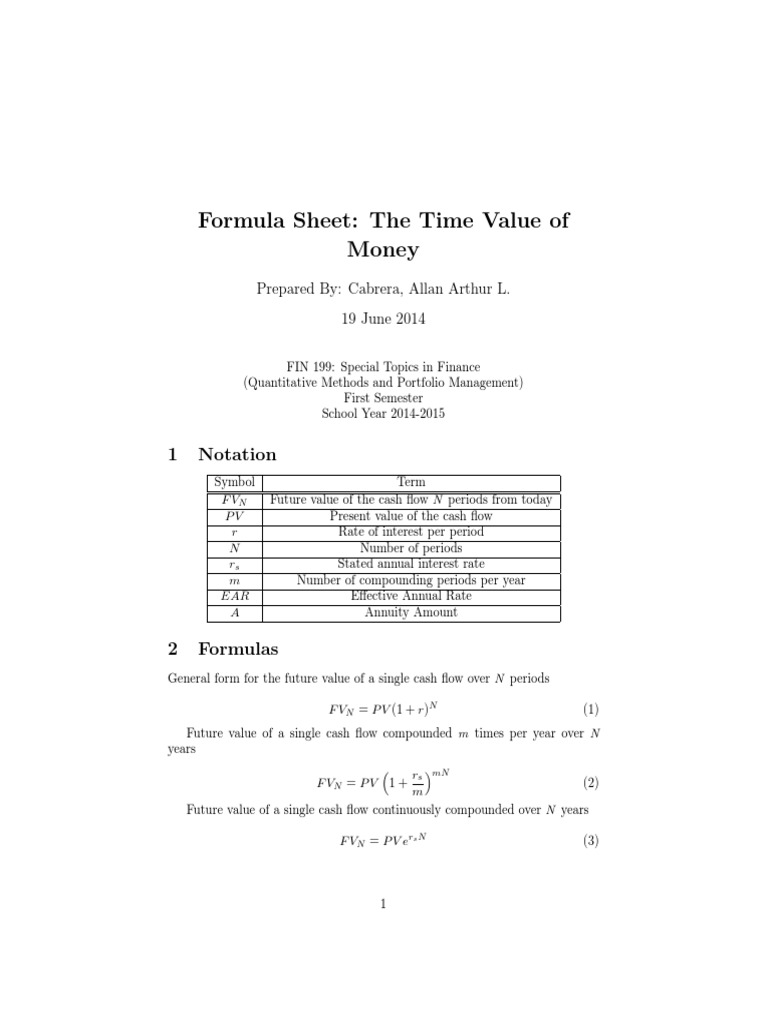 Time Value of Money Formula Sheet | PDF | Present Value | Actuarial Science