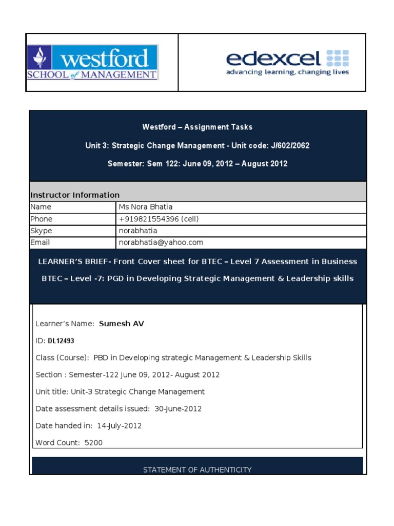 Westford - Assignment Tasks Unit 3: Strategic Change Management - Unit ...