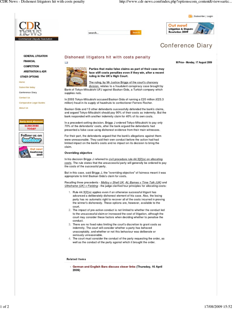 Conference Diary: Dishonest litigators hit with costs penalty | Lawsuit ...