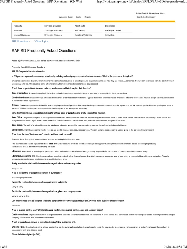 SAP SD Frequently Asked Questions - ERP Operations - SCN Wiki | PDF ...