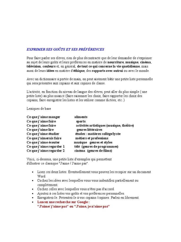 Exprimer Goûts et Préférences en Classe | PDF | Cinématographie