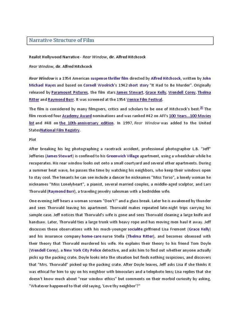 Narrative Structure of Film: Realist Hollywood Narrative - Rear Window ...