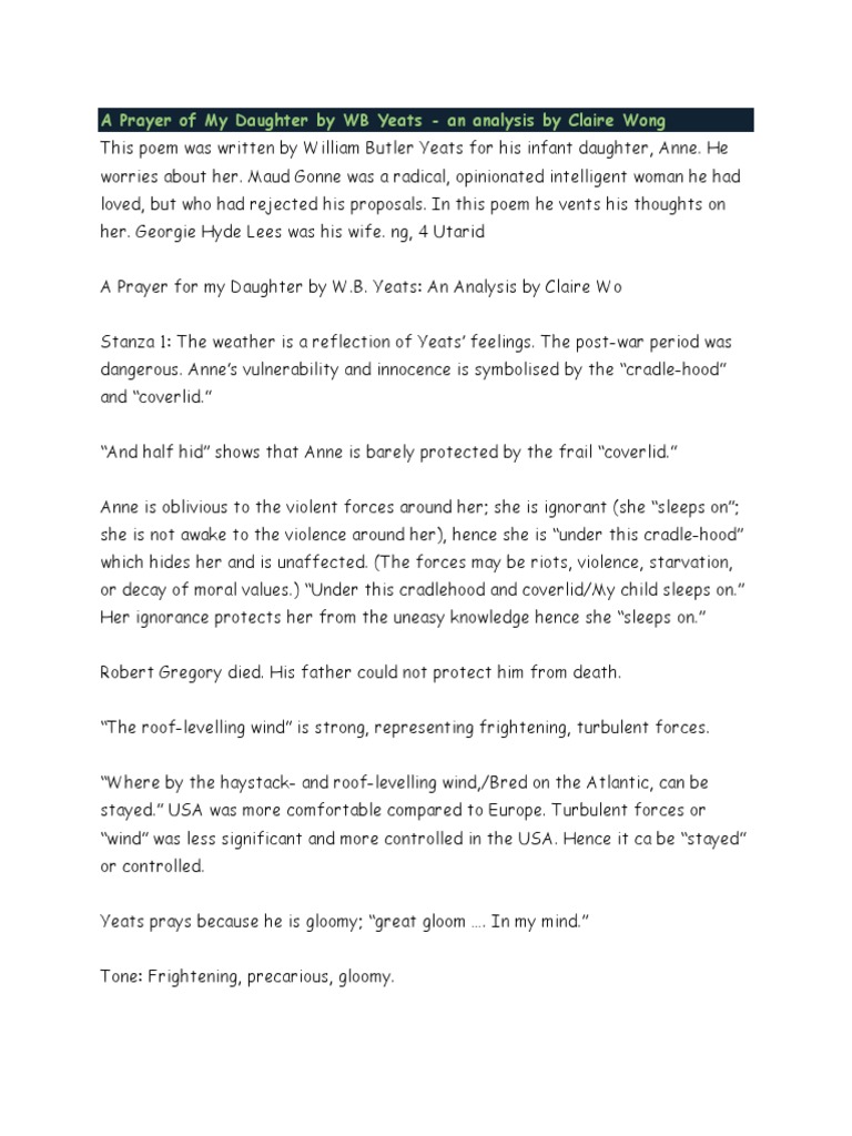 A Prayer of My Daughter by WB Yeats | PDF | W. B. Yeats