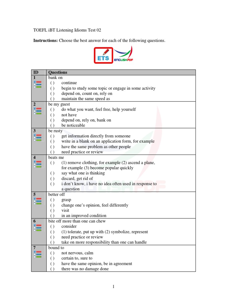 TOEFL IBT Listening Idioms Test 02 | PDF