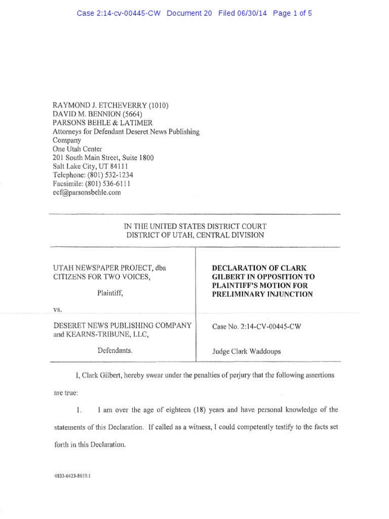 Declaration of Clark Gilbert in Opposition To Plaintiff's Motion For ... Declaration of Clark Gilbert in Opposition To Plaintiff's Motion For ...