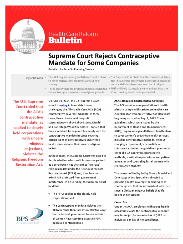 Supreme Court Strikes Down ACA Contraceptive Mandate | PDF | Patient ...