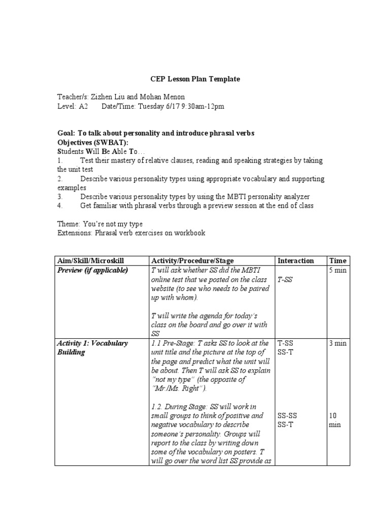 Tues 6 17 Cep Lesson Plan Zizhen Moh | PDF | Vocabulary | Lesson Plan