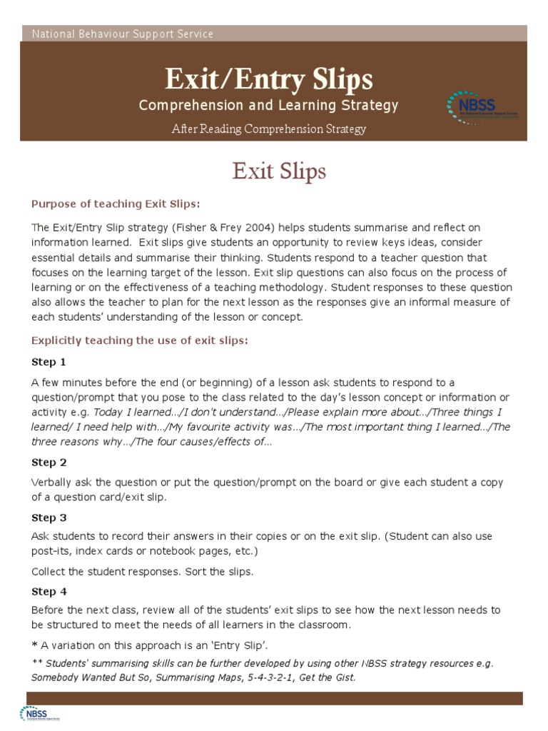 Teacher's Guide to Exit/Entry Slips | PDF | Neuropsychological ...